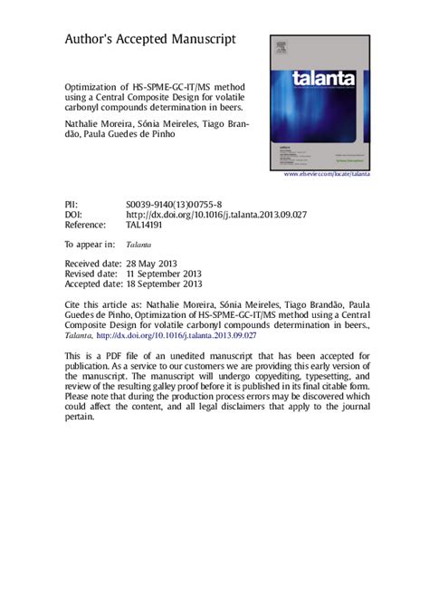 Pdf Optimization Of The Hs Spmegcitms Method Using A Central Composite Design For Volatile