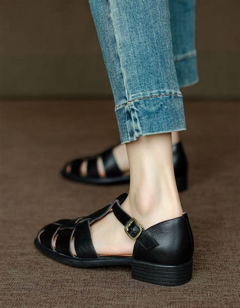 Pointed Toe Vintage British Style Leather Woven Sandals — Obiono