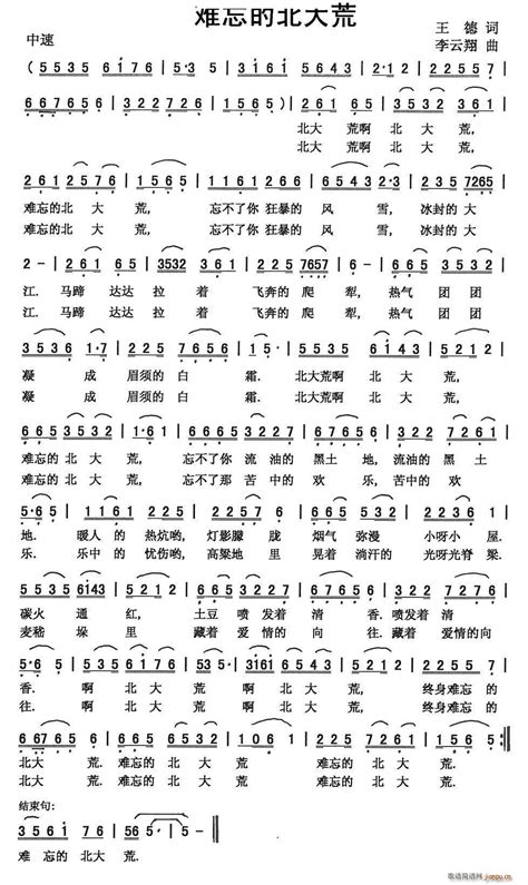 李云翔 王德 难忘的北大荒王德词 曲简谱 李云翔 王德 简谱大全