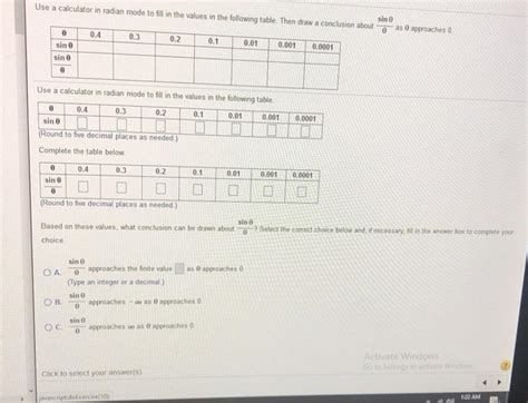 solved use a calculator in radian mode to fill in the values