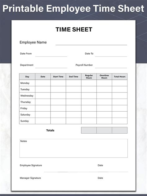 Printable Employee Time Sheet Hours Worked Log And Weekly Time Tracker