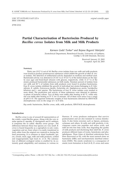Pdf Partial Characterisation Of Bacteriocins Produced By Bacillus Cereus Isolates From Milk