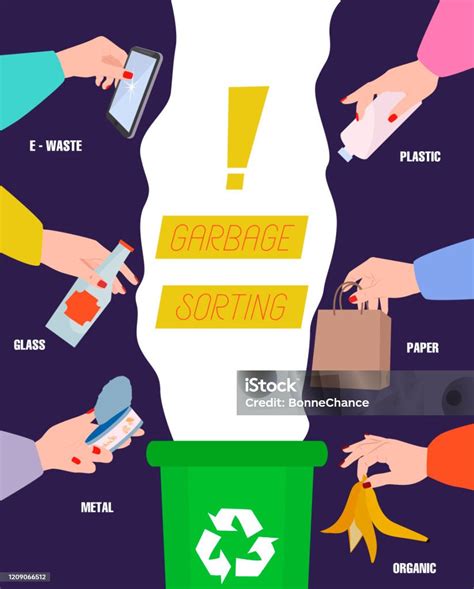 플라스틱 유리 금속 유기물 종이 및 전자 와스트 용기에 쓰레기를 분류 쓰레기에 대한 스톡 벡터 아트 및 기타 이미지 쓰레기 조직 손 Istock