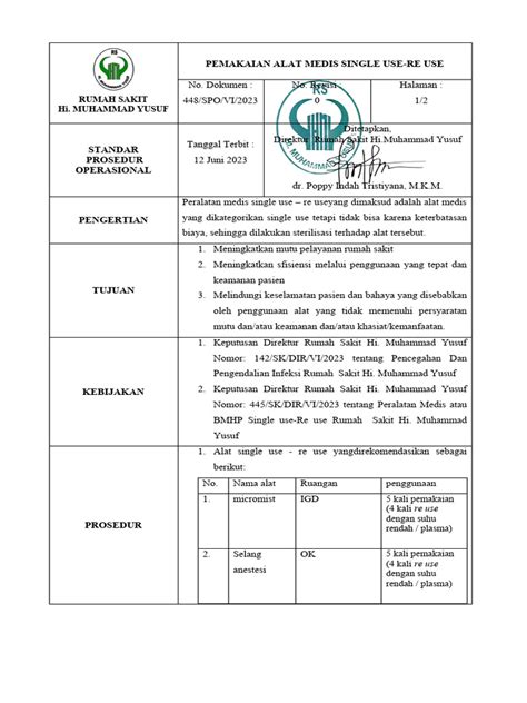 Spo Pemakaian Alat Medis Single Use Re Use Pdf
