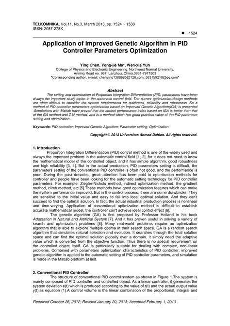 Pdf Application Of Improved Genetic Algorithm In Pid Controller Parameters Optimization