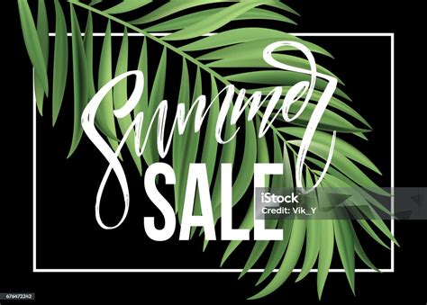 판매 배너 종 려 잎 정글 잎 필기 글자와 포스터 꽃 열 대 여름 배경입니다 벡터 일러스트 레이 션 0명에 대한 스톡 벡터 아트