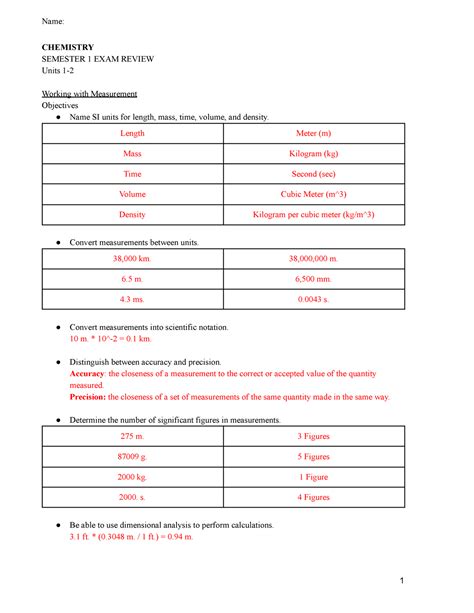 CHEM Sem 1 Exam Review HMH Name CHEMISTRY SEMESTER 1 EXAM REVIEW Units 1 Working With Studocu