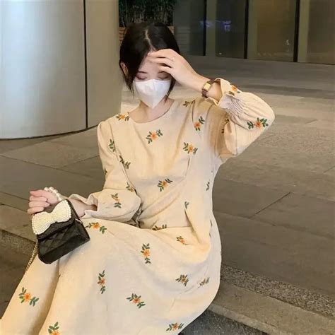 Badu Bg Дамска рокля с дълъг ръкав есен зима цветя О образно