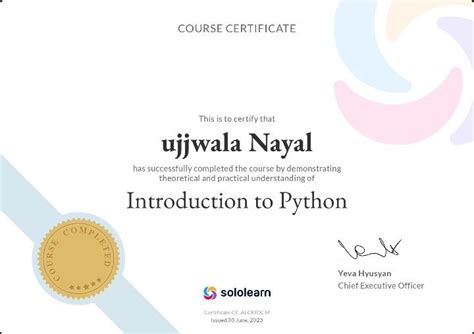 Certificate Sololearn Python Coursecompletion Thankful Achievements Ujjwala Nayal