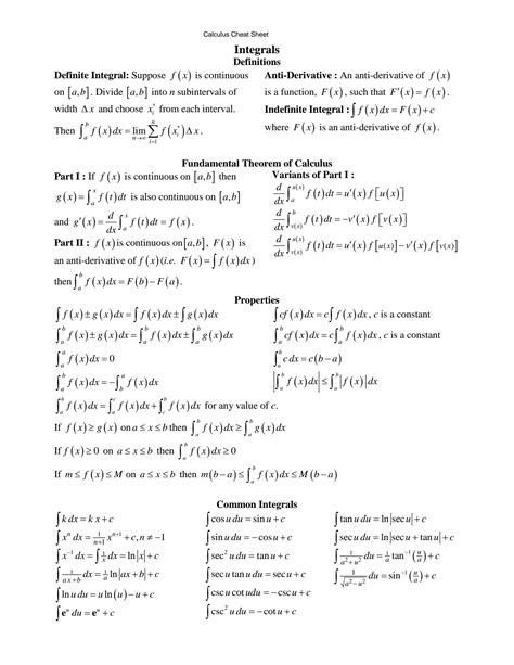 SOLUTION Integrals Calculus Cheat Sheet Studypool