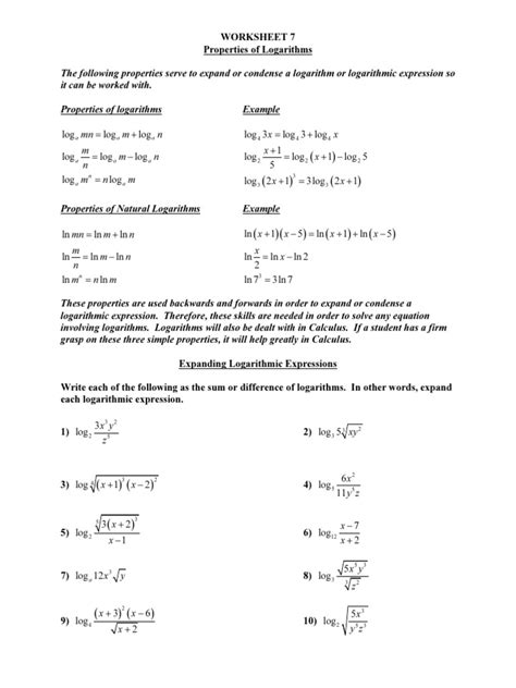 Unit 5 Worksheet 7 Properties Of Logs Pdf Logarithm Mathematical Concepts