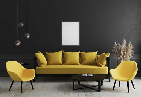 빈 수직 포스터 프레임 은 검은 벽과 세련된 노란색 소파와 커피 테이블 근처 디자인 안락 의자 우아한 고급 스러움 3d 렌더링 현대 방 인테리어 배경에서 조롱 0명에 대한