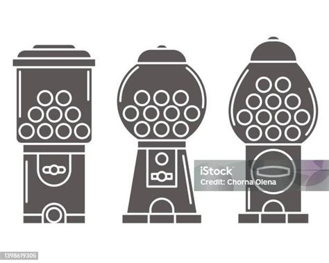 검볼 기계 글리프 아이콘 세트 사탕과 버블 껌을위한 복고풍 자동 판매기 디스펜서 흰색 배경에 고립 된 과자 슬롯 벡터 일러스트 레이 션 개체 그룹에 대한 스톡 벡터 아트 및