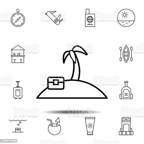 섬 가슴 손바닥 아이콘 Ui 및 Ux 웹 사이트 또는 모바일 응용 프로그램에 대해 설정 된 여름 아이콘의 간단한 얇은 선 개요 벡터 요소 걸이 장비에 대한 스톡 벡터 아트