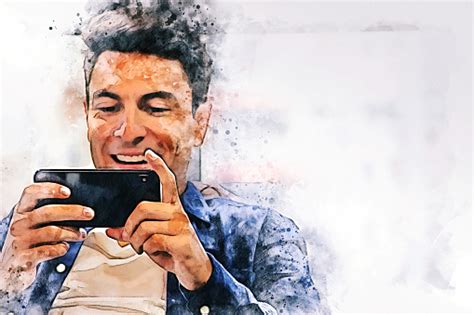 수채화 배경과 디지털 일러스트 브러시의 전경에서 기타를 연주하는 추상적인 청년 30 34세에 대한 스톡 사진 및 기타 이미지