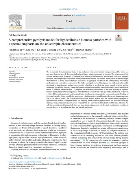 PDF A Comprehensive Pyrolysis Model For Lignocellulosic Biomass Particles With A Special