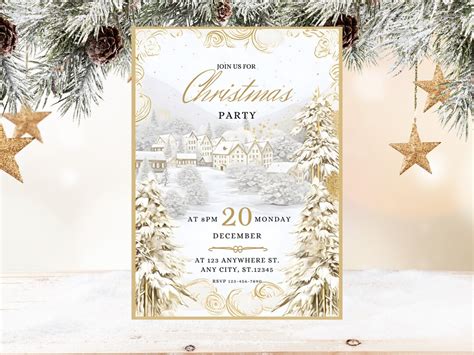 Winter Christmas Invitation Template Holiday Party Invite Silverandgold