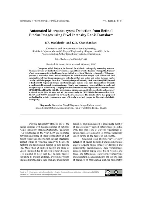 Pdf Automated Microaneurysms Detection From Retinal Fundus Images Using Pixel Intensity Rank