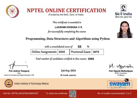 Lakshmi Krishna V R On Linkedin Nptel Pythonprogramming Algorithms Datastructures Techskills