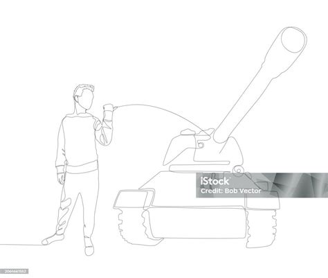 One Continuous Line Of Man Pointing With Finger At Armored Tank Thin Line Illustration Vector