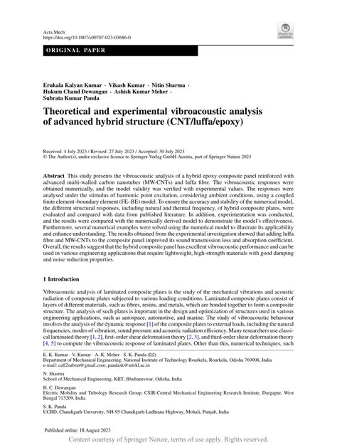 Theoretical And Experimental Vibroacoustic Analysis Of Advanced Hybrid Structure Cntluffaepoxy