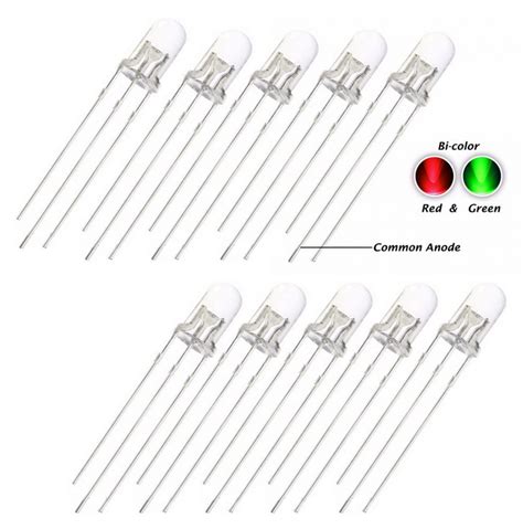 10 X 5mm Led Bi Colour Red And Green Clear Common Anode All Top Notch