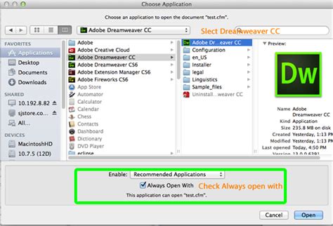 open coldfusion cf files in dreamweaver