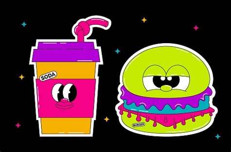 사이키델릭한 햄버거와 그루비 스타일의 음료 캐릭터 복고풍 다채로운 햄버거와 소다 스티커 산성 색상의 평면 벡터 패스트 푸드 요소