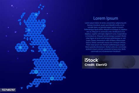 영국 지도 개요 배너 포스터 인사말 카드에 대 한 반복 되는 노드 및 공간 별 패턴 기하학적 배경을 파란색 삼각형에서 도식 벡터 일러스트입니다 3차원 형태에 대한 스톡 벡터