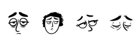 Sad And Tired Facial Expressions In Hand Drawn Style Set Emotional