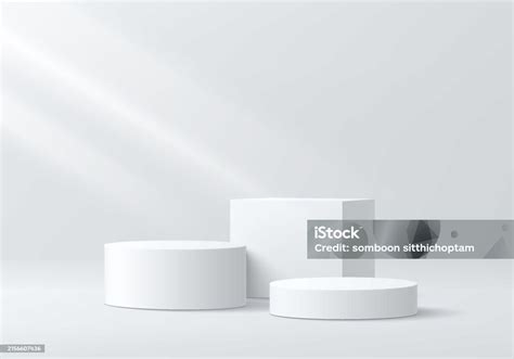 큐브 받침대가 있는 3d 흰색 원통형 연단 받침대 배경 빈 벽 장면을 청소합니다 최소한의 모형 또는 추상적인 제품 전시 프레젠테이션 무대 쇼케이스 플랫폼 벡터 기하학적
