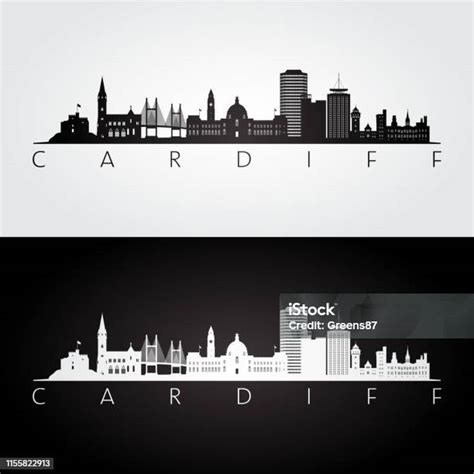 카디프 스카이 라인과 랜드 마크 실루엣 흑백 디자인 벡터 일러스트 카디프 웨일스에 대한 스톡 벡터 아트 및 기타 이미지 카디프 웨일스 스카이라인 웨일스 Istock