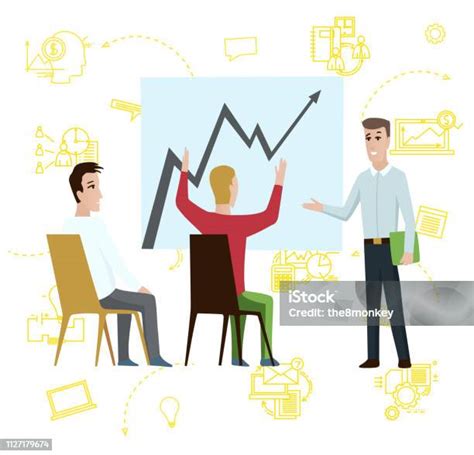 비즈니스 사람 서 화이트 보드에 다이어그램 차트를 가리키는 실업가 만화 캐릭터 플립에 전략 계획 또는 보고서를 보여줍니다 평면