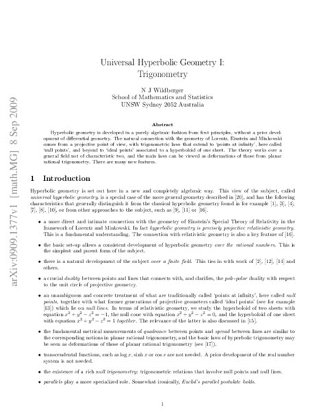 Pdf Universal Hyperbolic Geometry I Trigonometry