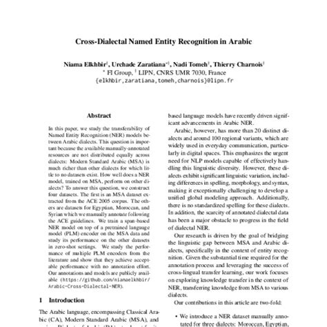 Cross Dialectal Named Entity Recognition In Arabic Acl Anthology