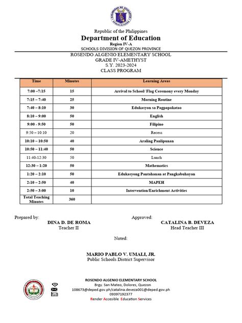 Grade 4 Class Program S Y 2023 2024 Shortened Pdf