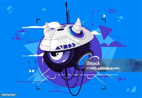 한쪽 눈을 가진 미래 비행 로봇의 벡터 일러스트 헬멧을 가진 음성 도우미 0명에 대한 스톡 벡터 아트 및 기타 이미지 0명 3차원 형태 감시 Istock