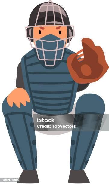 공을 기다리는 캐처 야구 선수 성격 유니폼 헬멧 벡터 일러스트 레이 션 길이에 대한 스톡 벡터 아트 및 기타 이미지 길이