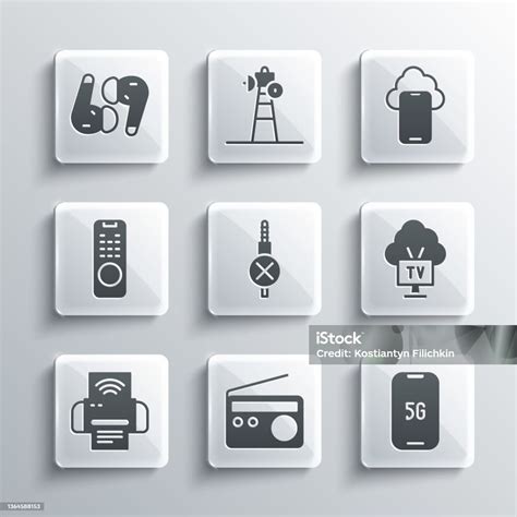 5g 스마트 Tv 오디오 잭 없음 프린터 시스템 원격 제어 에어 헤드폰 및 클라우드 기술 데이터 아이콘이 있는 라디오 모바일 설정 벡터 0명에 대한 스톡 벡터 아트 및 기타