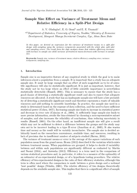 Pdf Sample Size Effect On Variance Of Treatment Mean And Relative Efficiency In A Split Plot