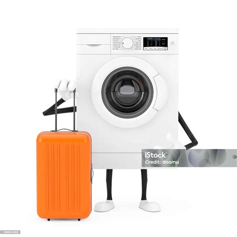 오렌지 여행 가방 현대 흰색 세탁기 캐릭터 마스코트 3d 렌더링 가방에 대한 스톡 사진 및 기타 이미지 가방 가사 집안일 가정 생활 Istock