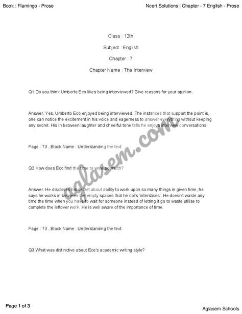 Ncert Solutions For Class 12 English Chapter 7 The Interview Question
