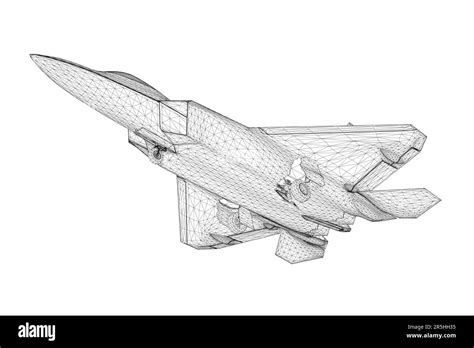 Combat Fighter Jet Wireframe From Black Lines Isolated On White Background Bottom View 3d