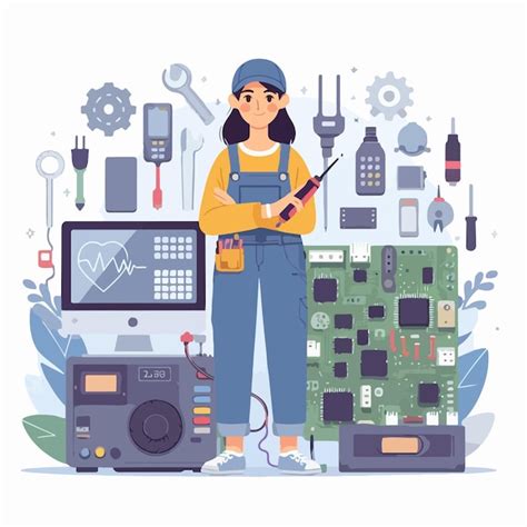 A Woman In A Blue Jumpsuit Stands In Front Of A Computer Monitor Premium AI Generated Vector