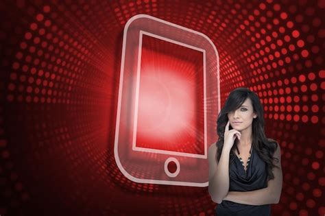 Premium Photo Composite Image Of Tablet Pc And Sexy Brunette Against Red Pixel Spiral