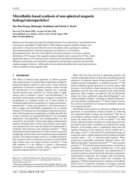 Pdf Microfluidic Based Synthesis Of Non Spherical Magnetic Hydrogel Microparticles