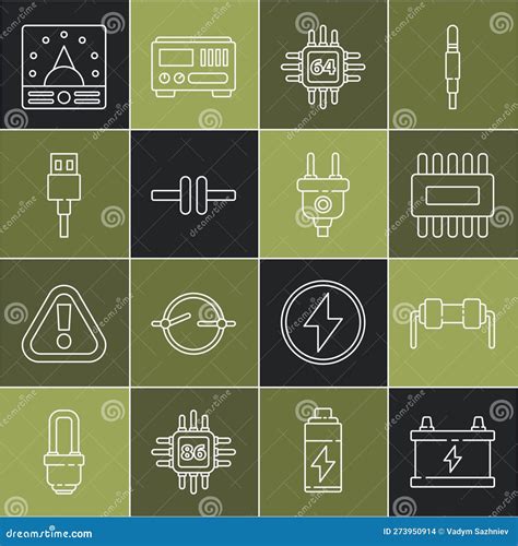 Set Line Car Battery Resistor Electricity Processor With Microcircuits Cpu Electric Scheme