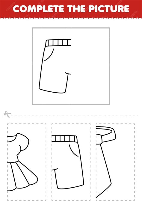 어린이를 위한 교육 게임은 인쇄 가능한 웨어러블 의류 워크시트를 색칠하기 위한 귀여운 만화 바지 반 개요의 그림을 자르고 완성합니다 프리미엄 벡터