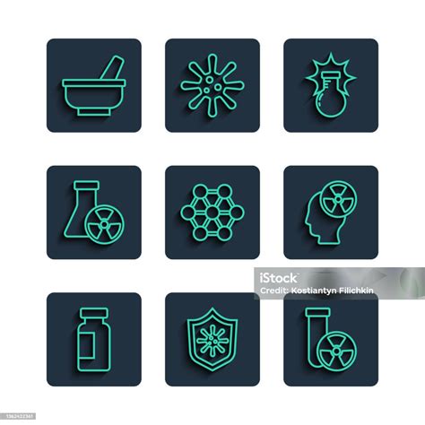 세트 라인 테스트 튜브 및 플라스크 바이러스로부터 보호 방패 방사선 화학 폭발 분자 박격포 유봉 및 머리 기호 아이콘 벡터 건강 진단에 대한 스톡 벡터 아트 및 기타 이미지