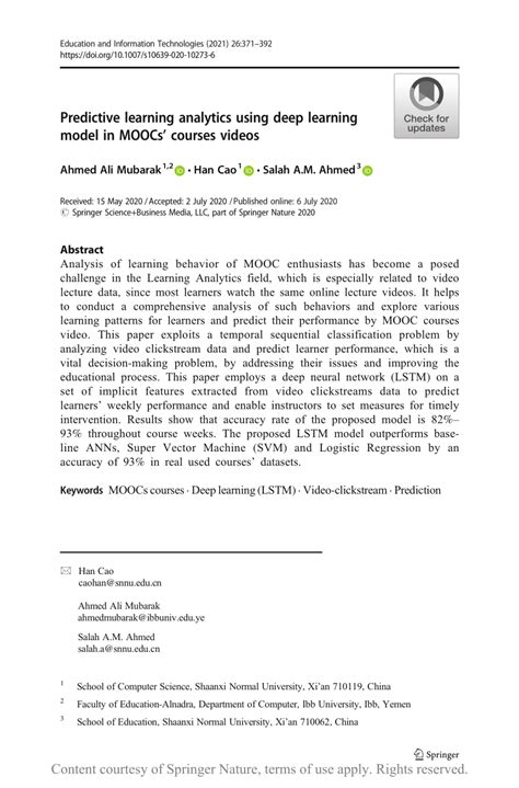 Predictive Learning Analytics Using Deep Learning Model In Moocs Courses Videos Request Pdf
